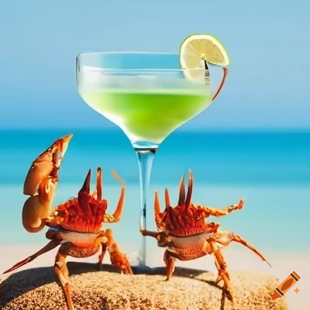 2 crabs on the beach drinking a cocktail