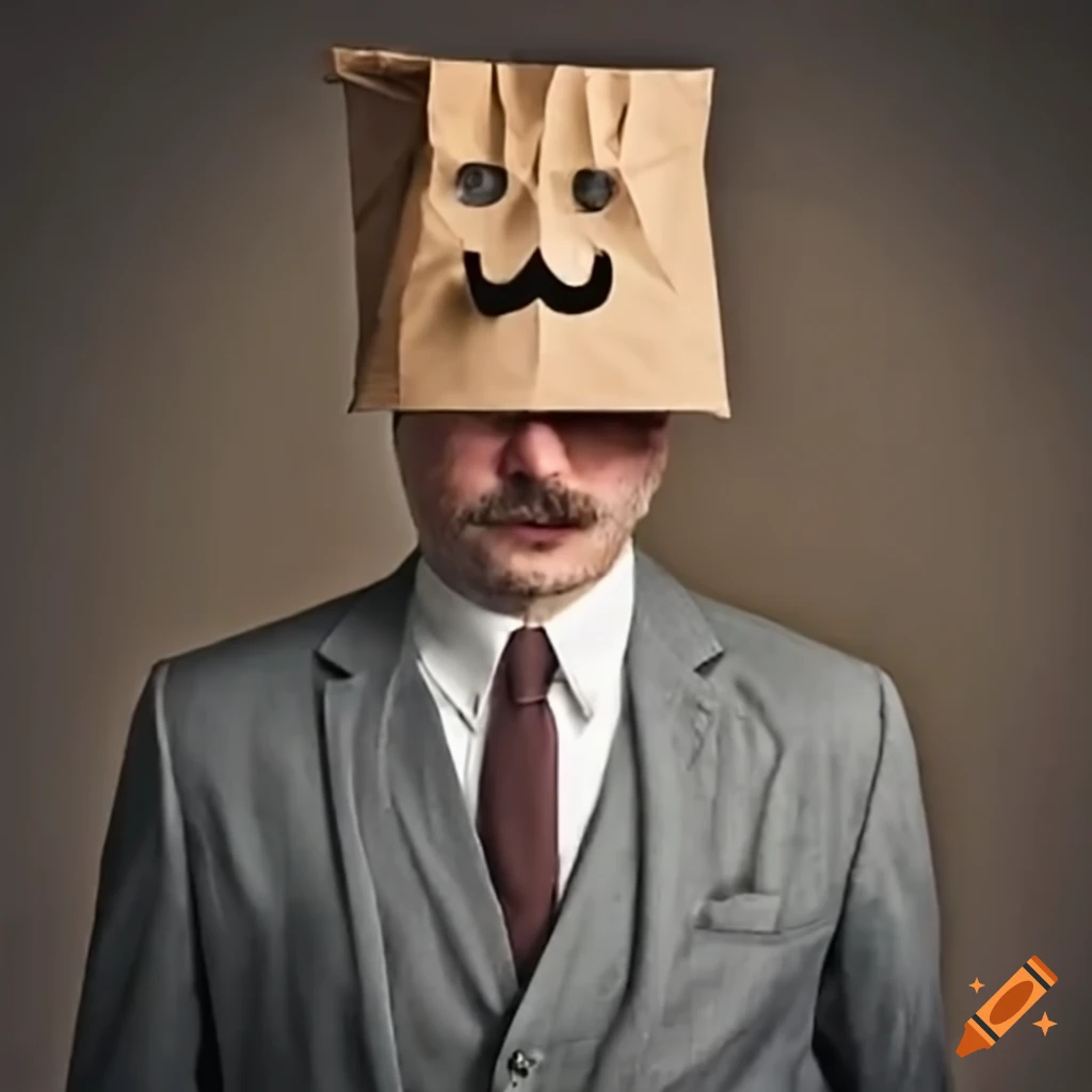 British man with a paper bag on his head. has a moustache and a suit on ...