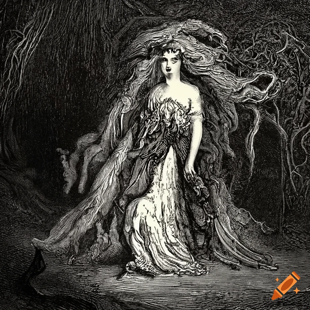 Old black and white engraving in the style of gustave doré, natalie ...
