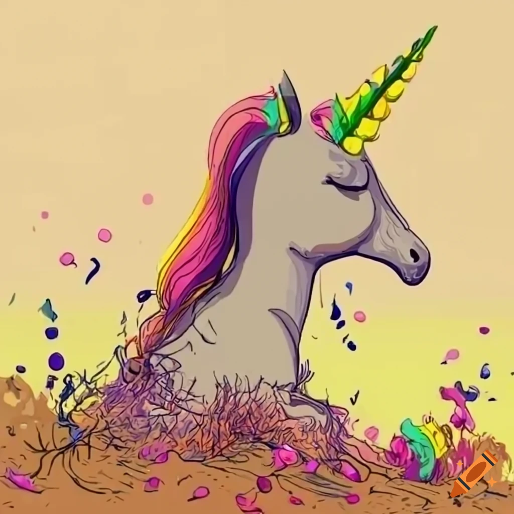 Rear view of a tired unicorn foal sinking in a muddy peat bog