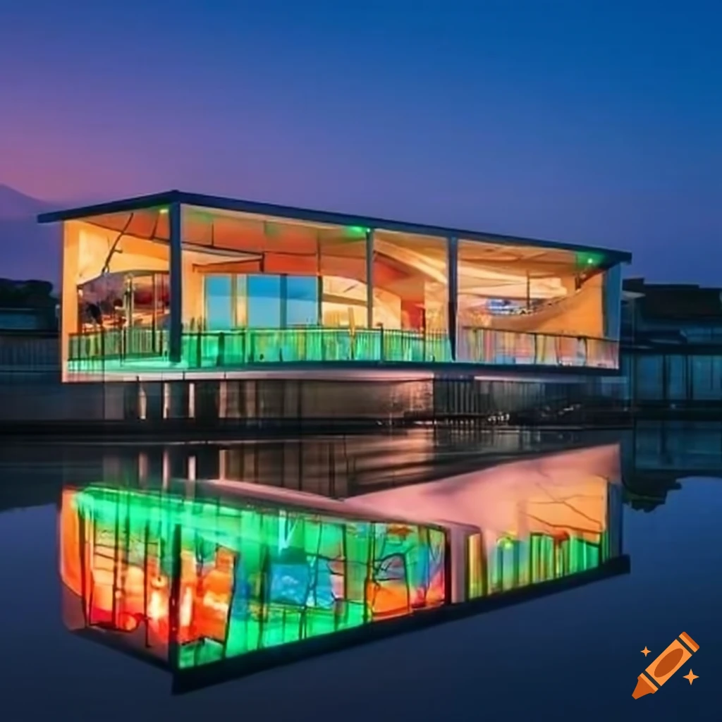 Exterior view of a Riverside sleek Japanese cafe made of colored glass ...