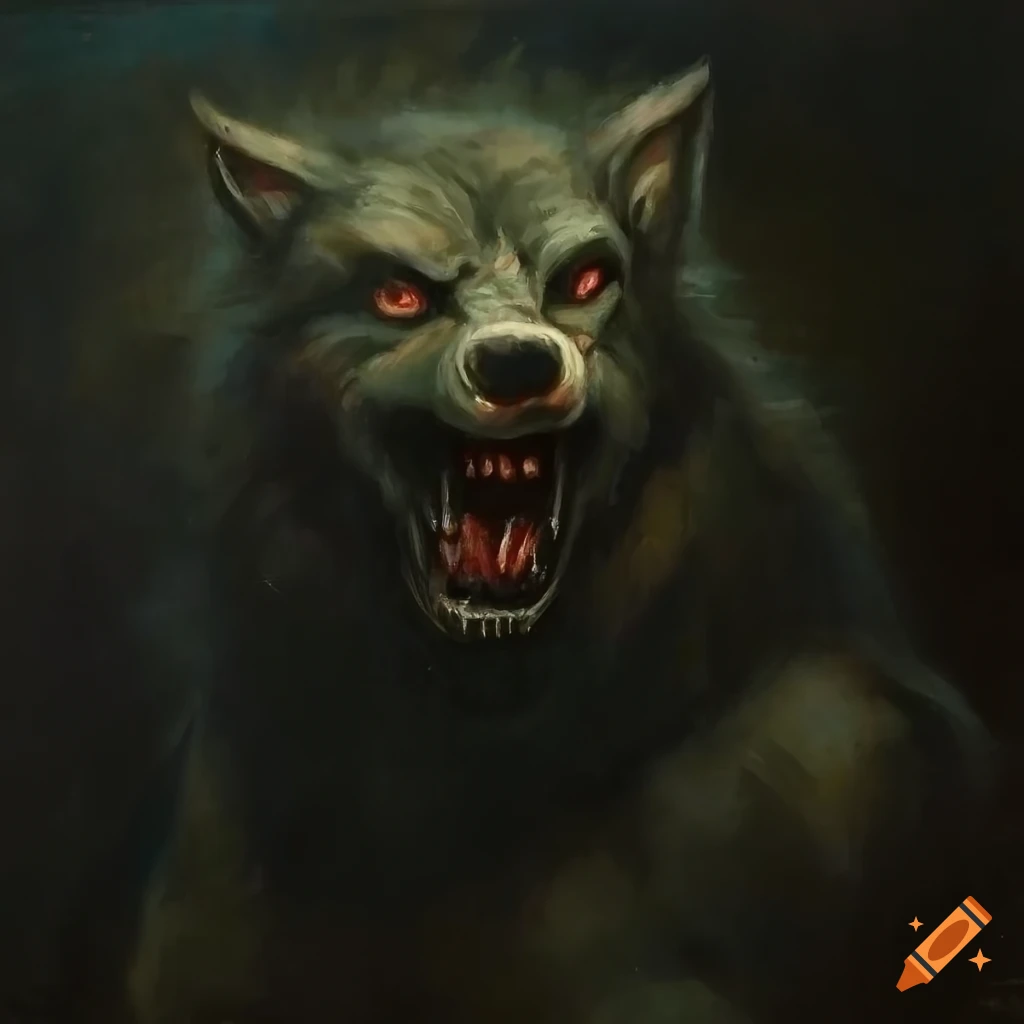 Dark haunting eery old oil painting depicting a menacing werewolf