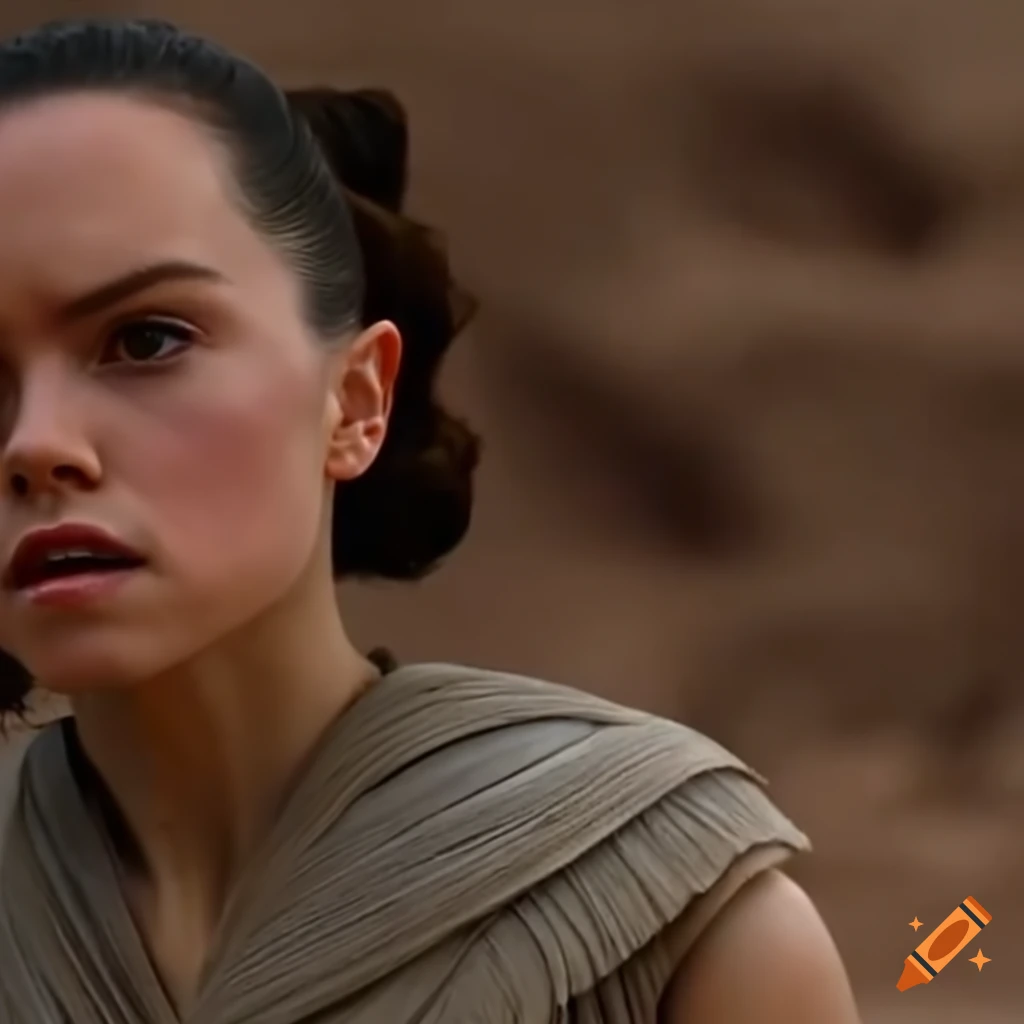 Daisy ridley as rey looking sad in a destroyed desert village on the ...