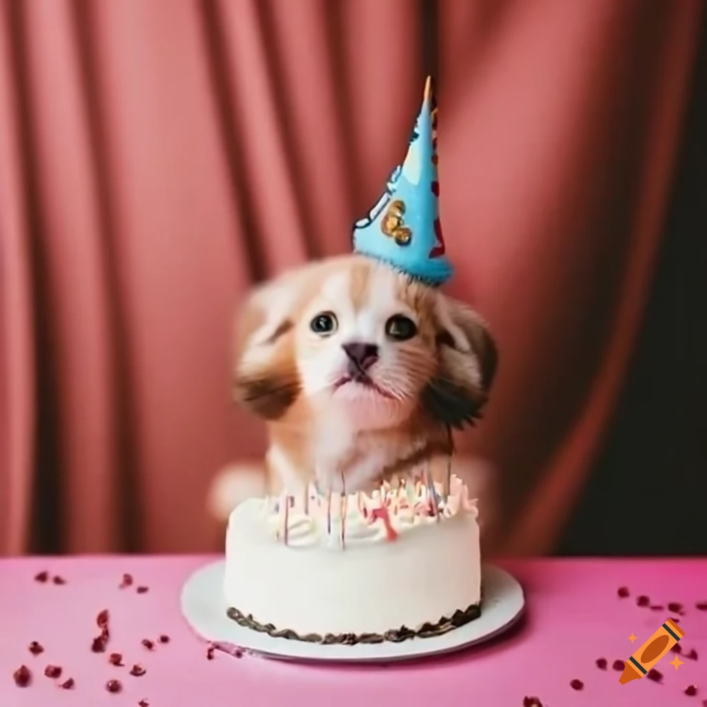 Cute animal wearing a birthday hat behind a birthday cake