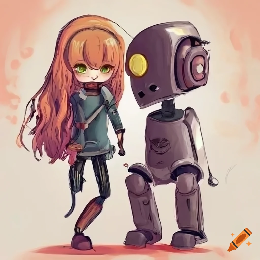 Artistic depiction of two friends with a robot, inspired by manga