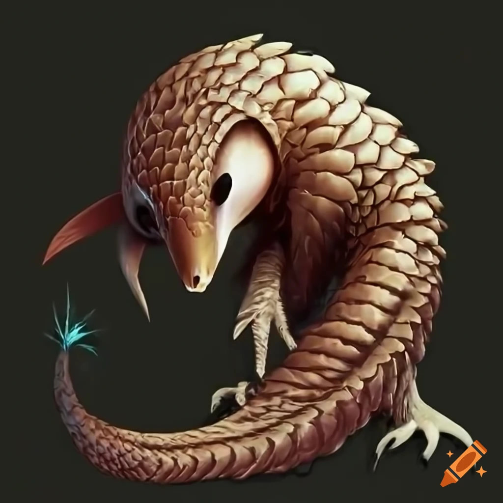 Mythic creature with feathers of pangolin and penguin