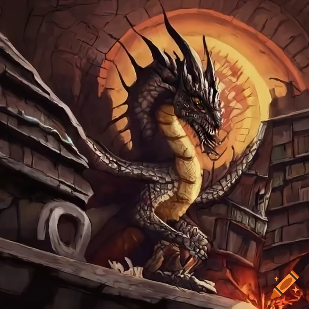 A fierce dragon protecting a library in ruins like in dnd on Craiyon