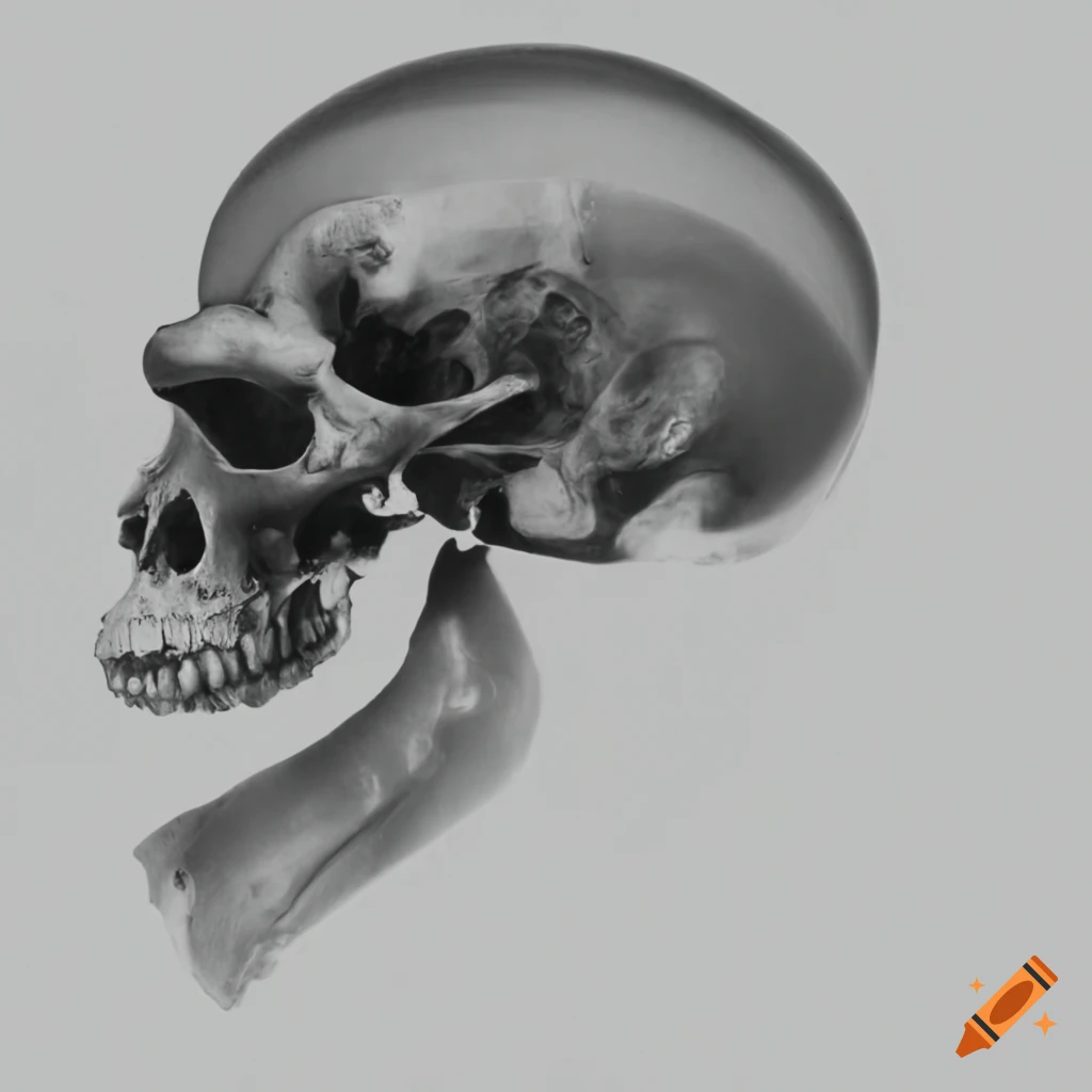 X ray profile, neanderthal skull with tin foil chin