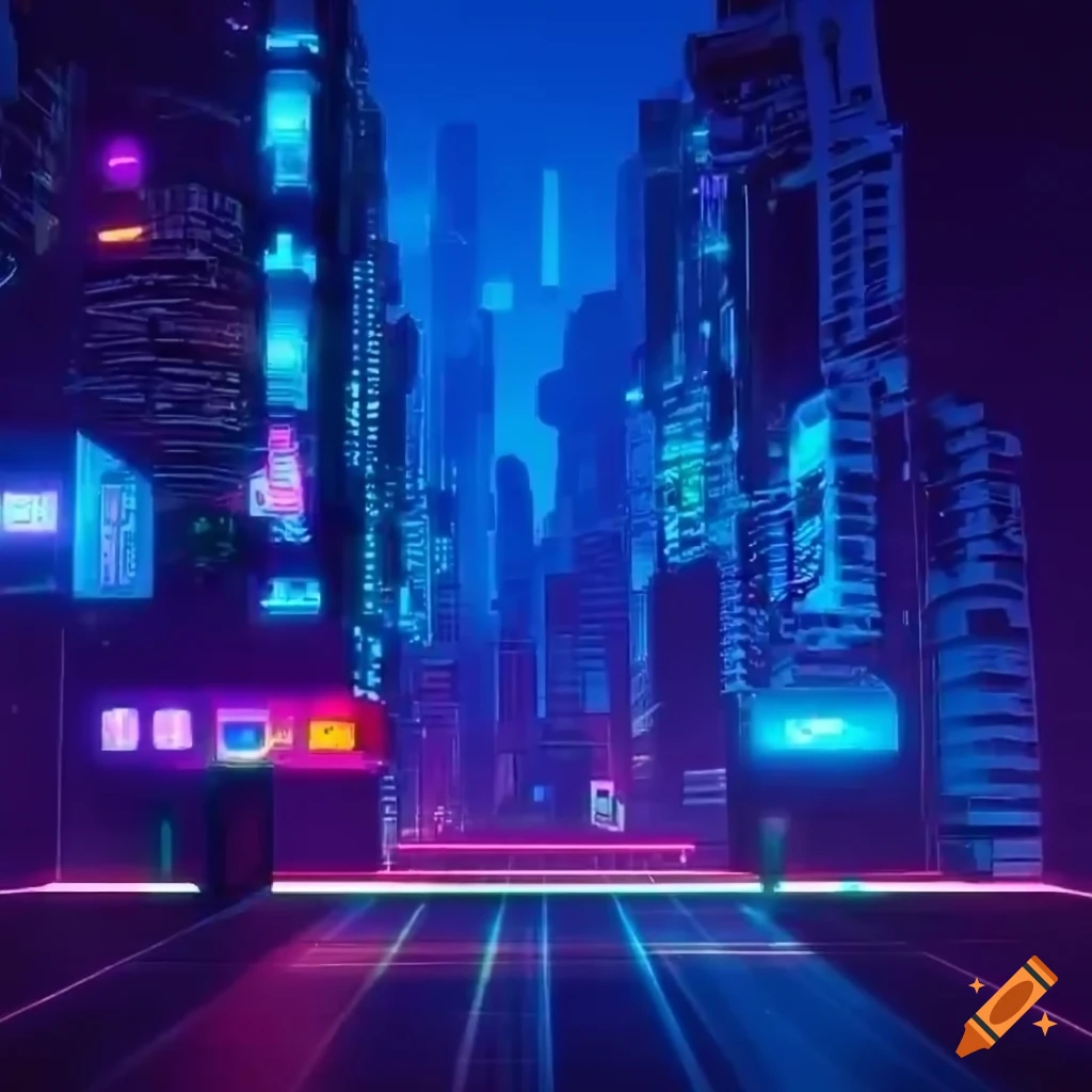 Cyberpunk city with blue, pink, green, and yellow lights