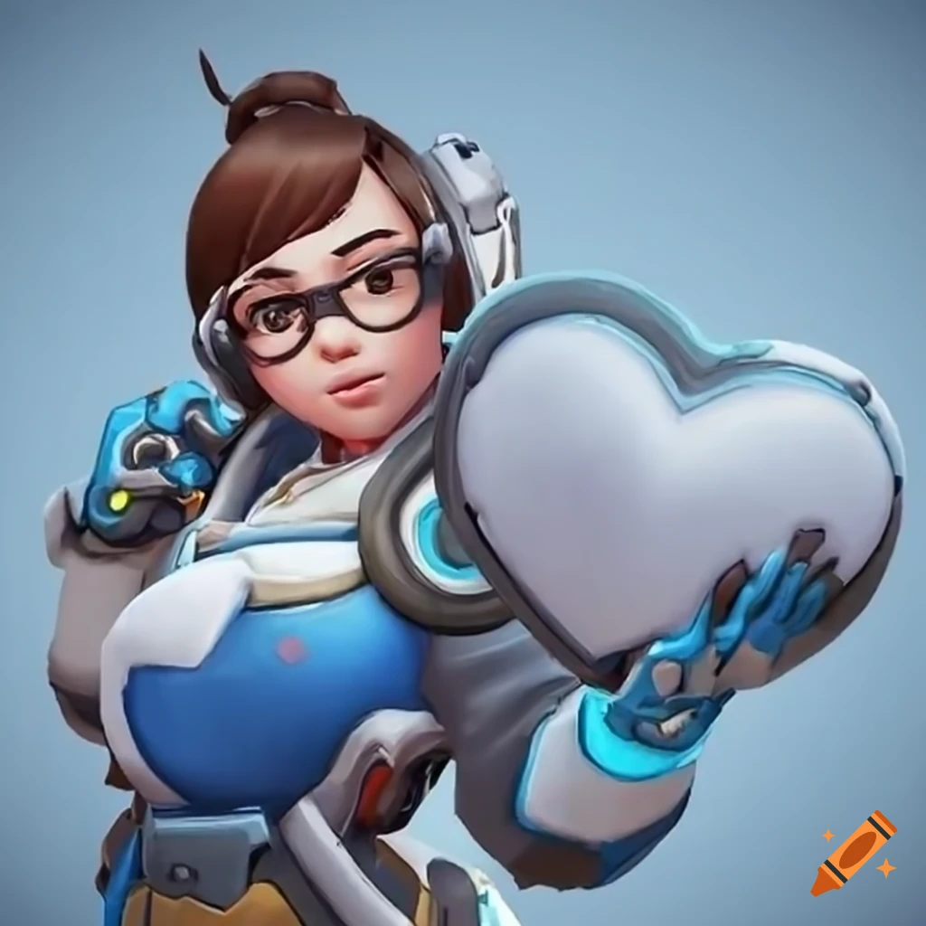 Mei, a character from overwatch, holding a heart-shaped ice block