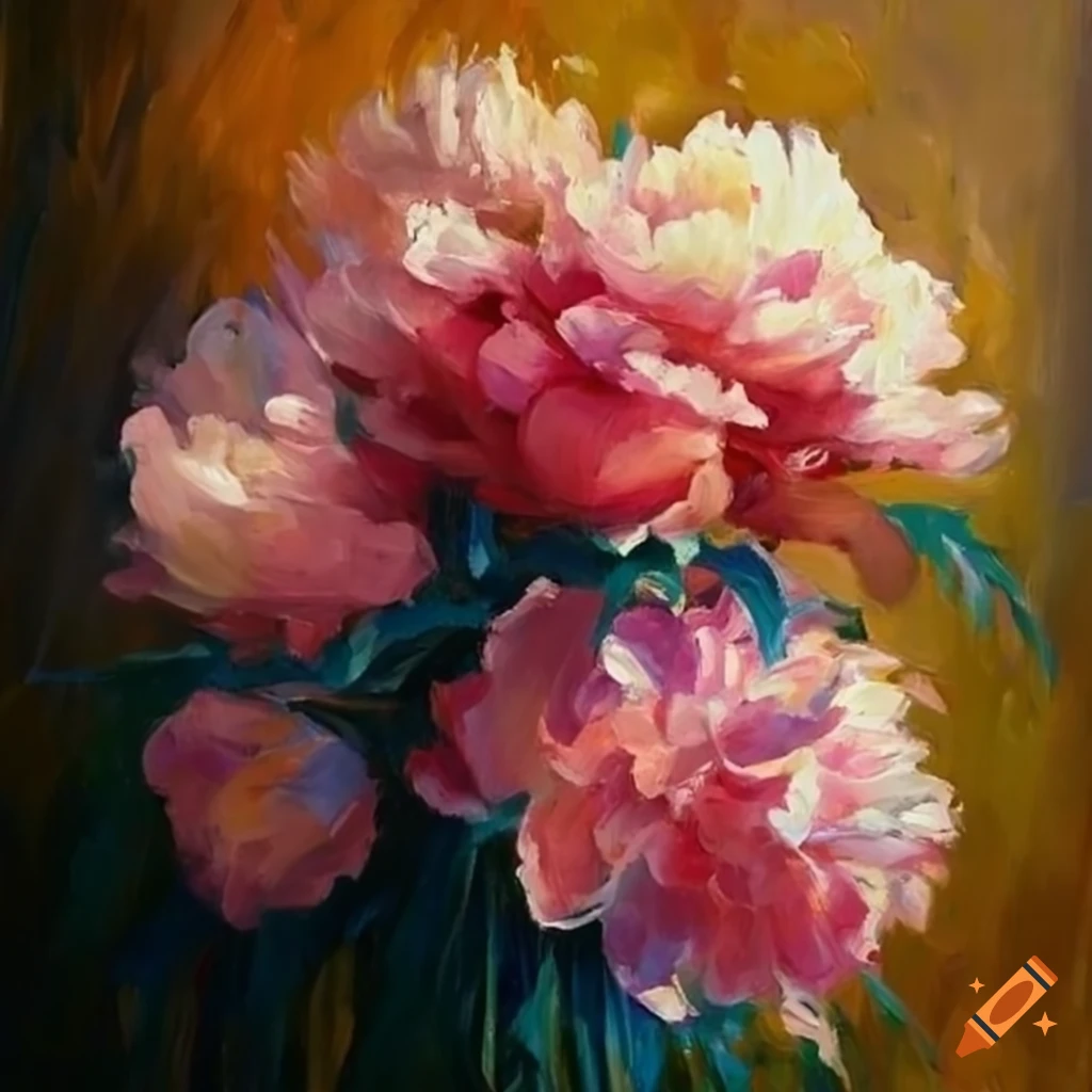 Impressionist painting of peonies full of light and color