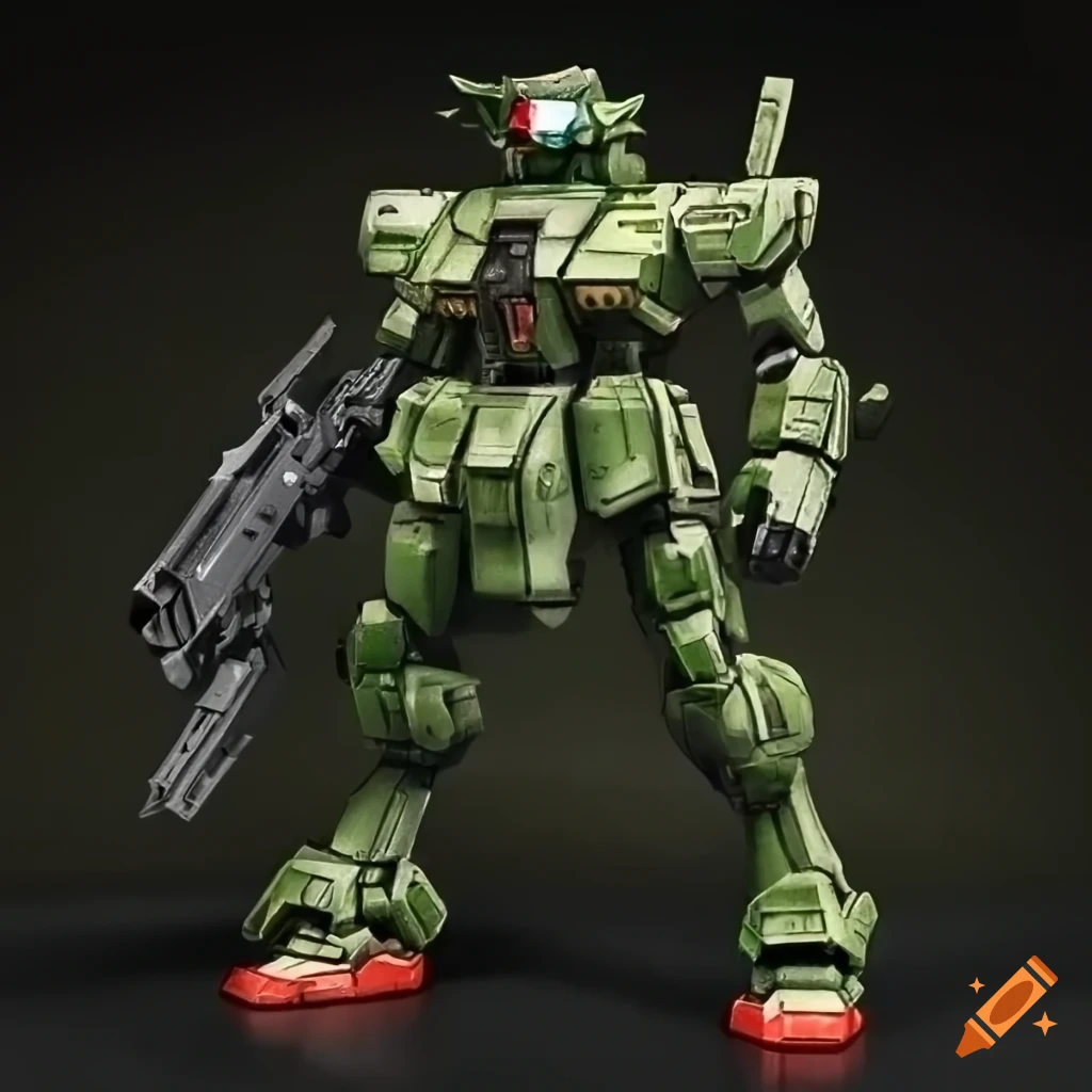 Mech, gundam, mobile suit, heavy machine gun, painted green camo