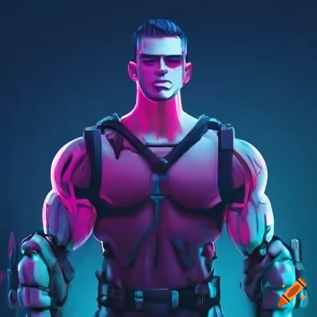 Buff handsome cop with robot arm, in neon city, in neoclassical style ...