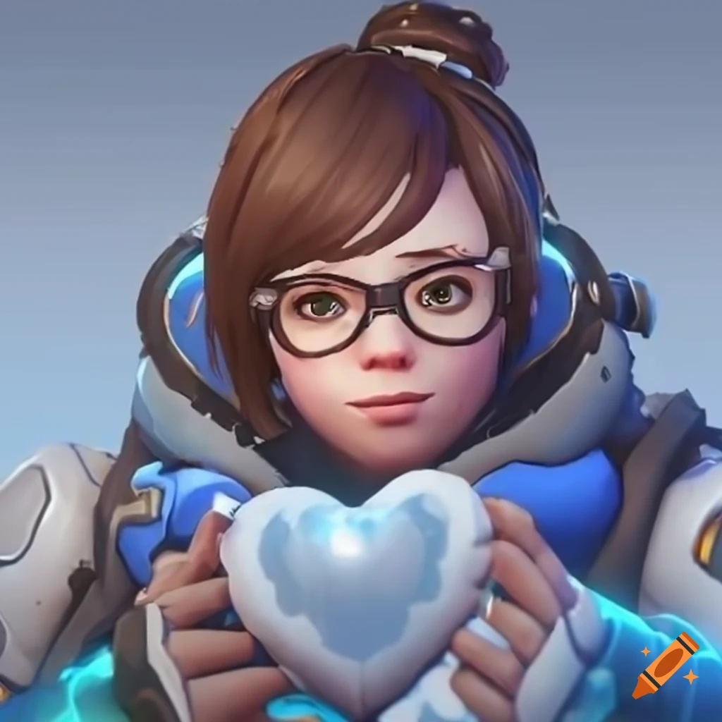 Mei, a character from overwatch, holding a heart-shaped ice block