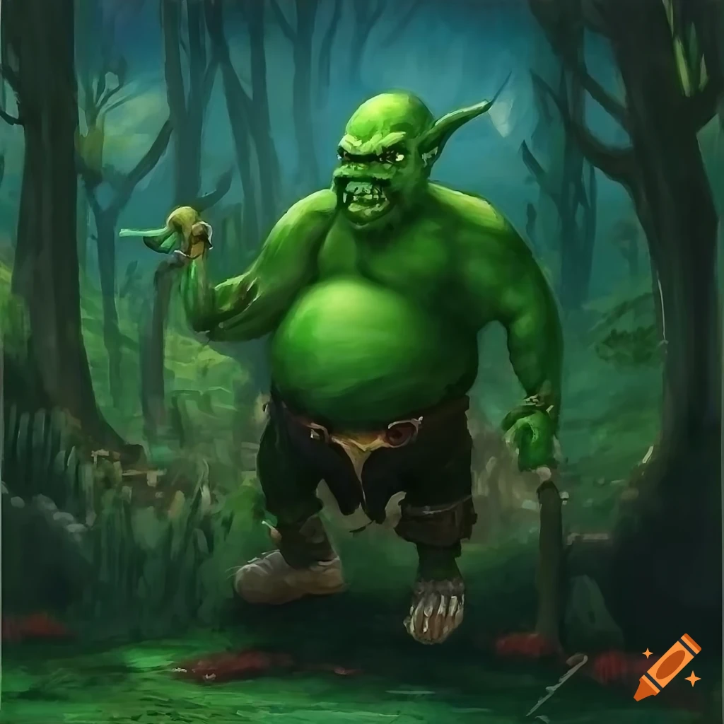 Bald fat goblin standing triumphantly before a fantasy woodland ...