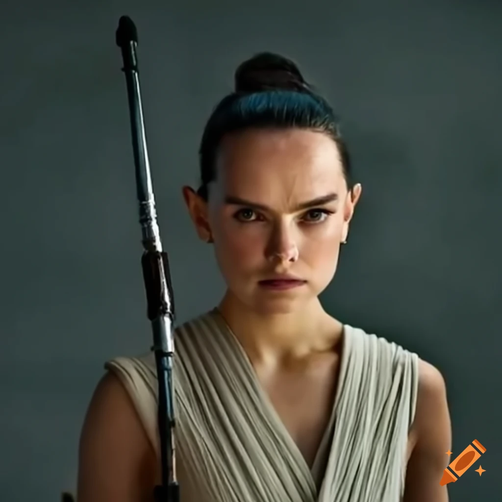 Daisy ridley as rey standing amidst destruction in a desert village ...