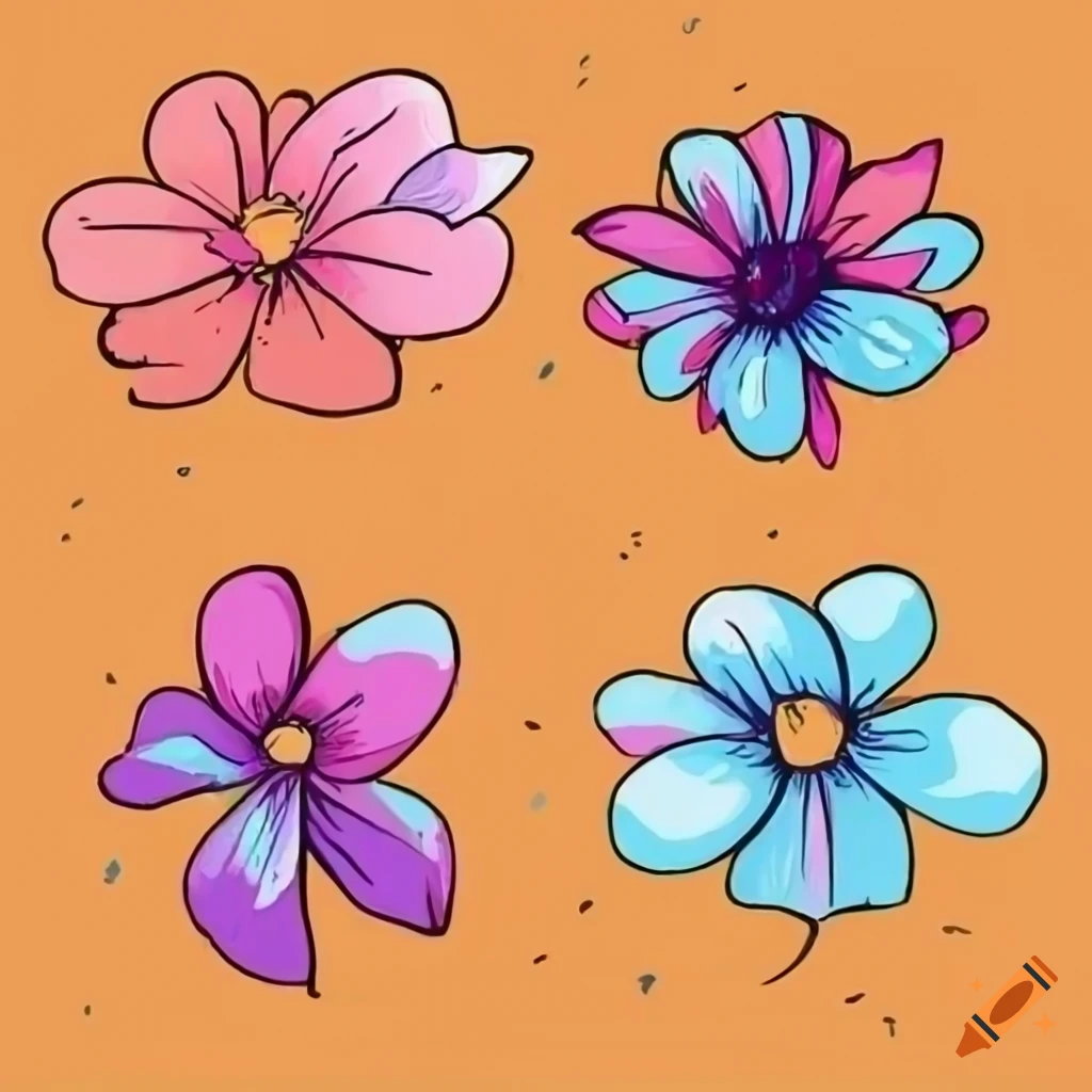 Various flowers with many colors in a drawing style as if drawn on a phone