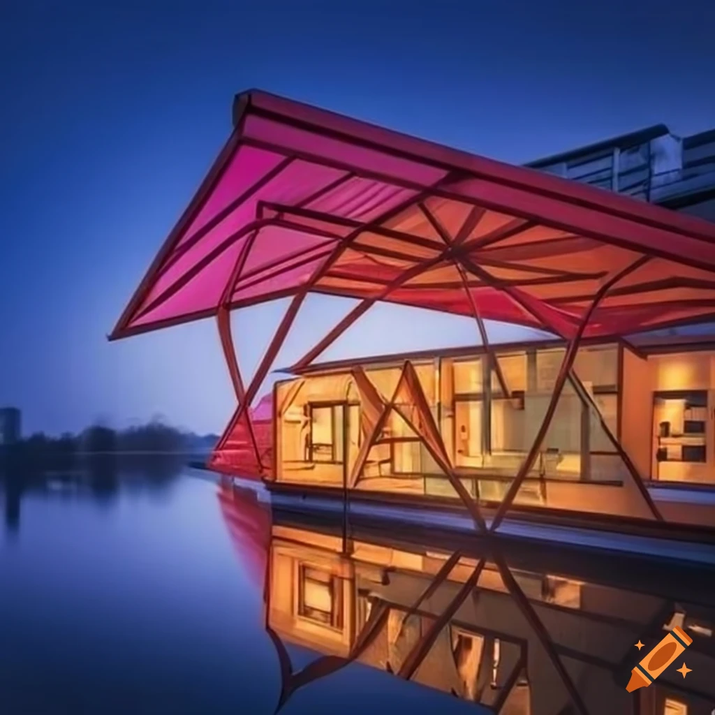 Exterior view of a riverside sleek japanese cafe made of colored glass ...
