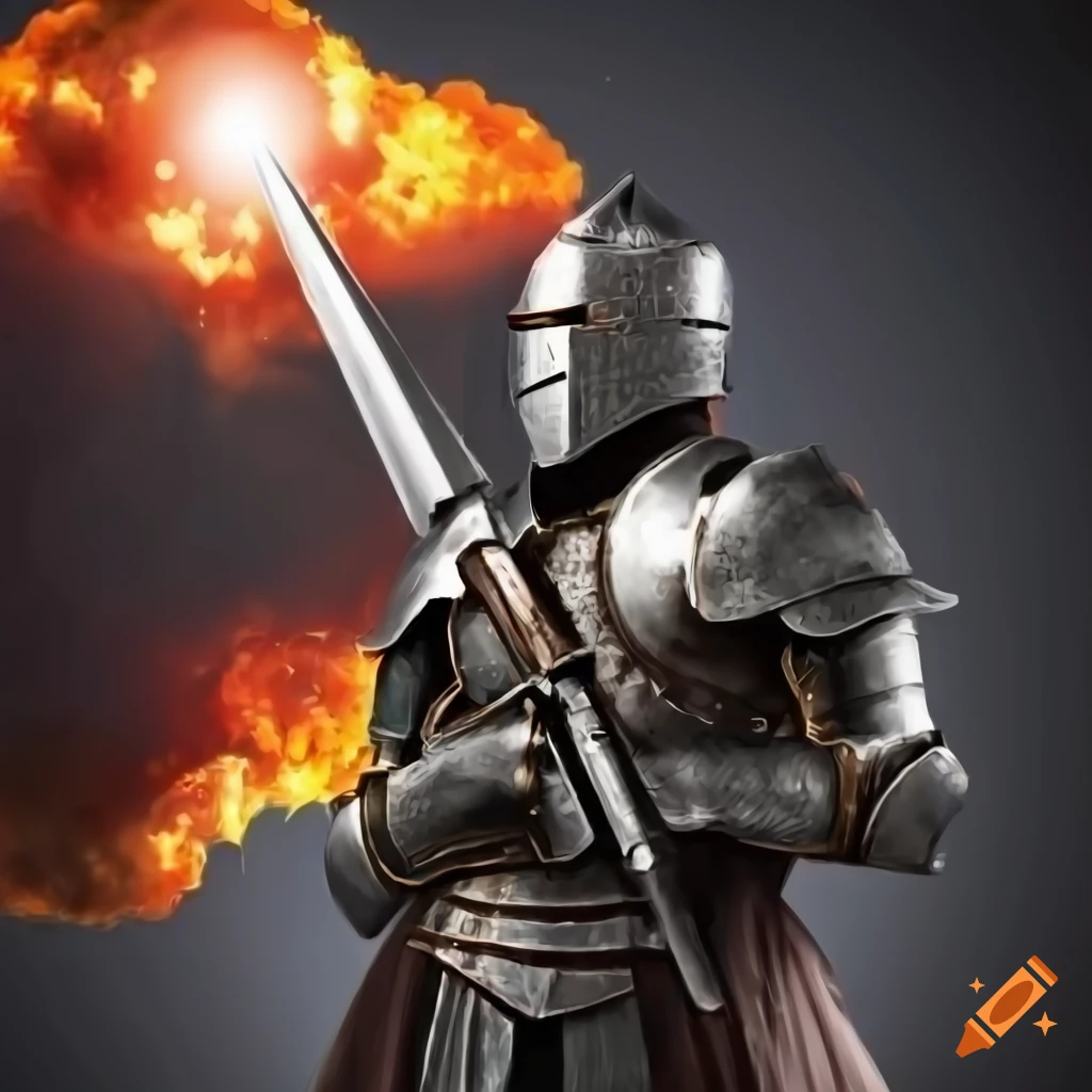 Armored knight holding rifle on shoulder with nuclear explosion background