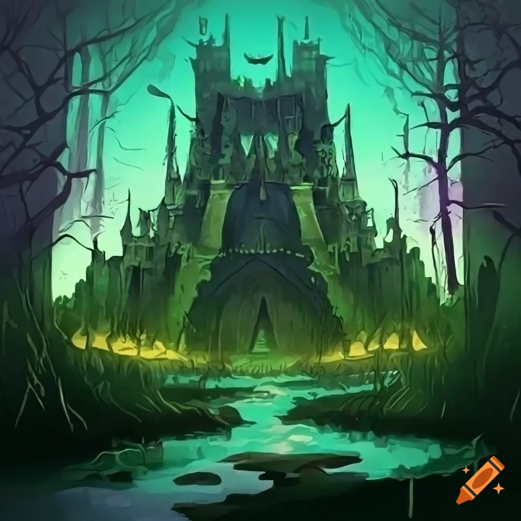 A giant rundown fantasy castle set in the middle of a murky green swamp ...