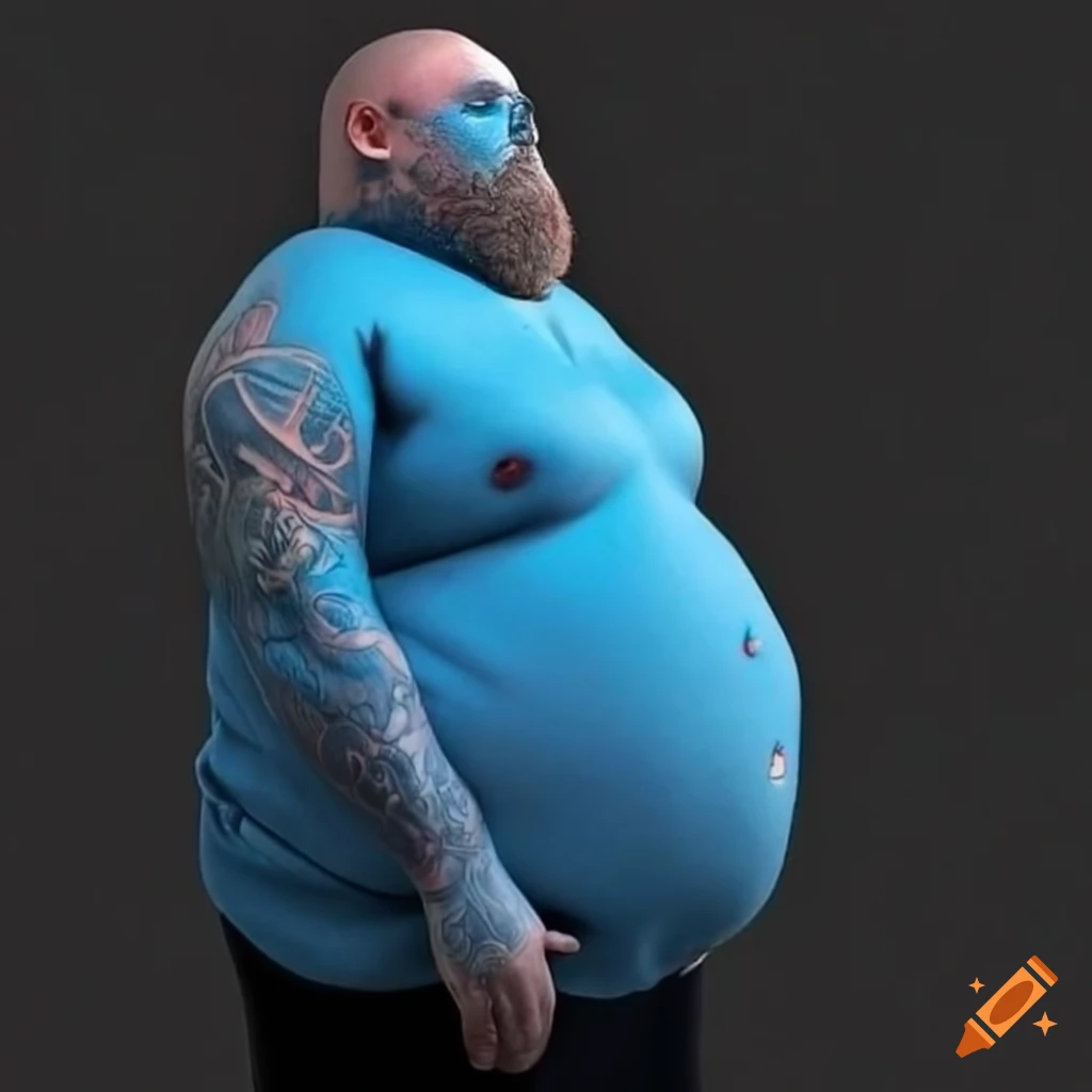 Fat obese bearded tattoo man in blue gungarees on Craiyon