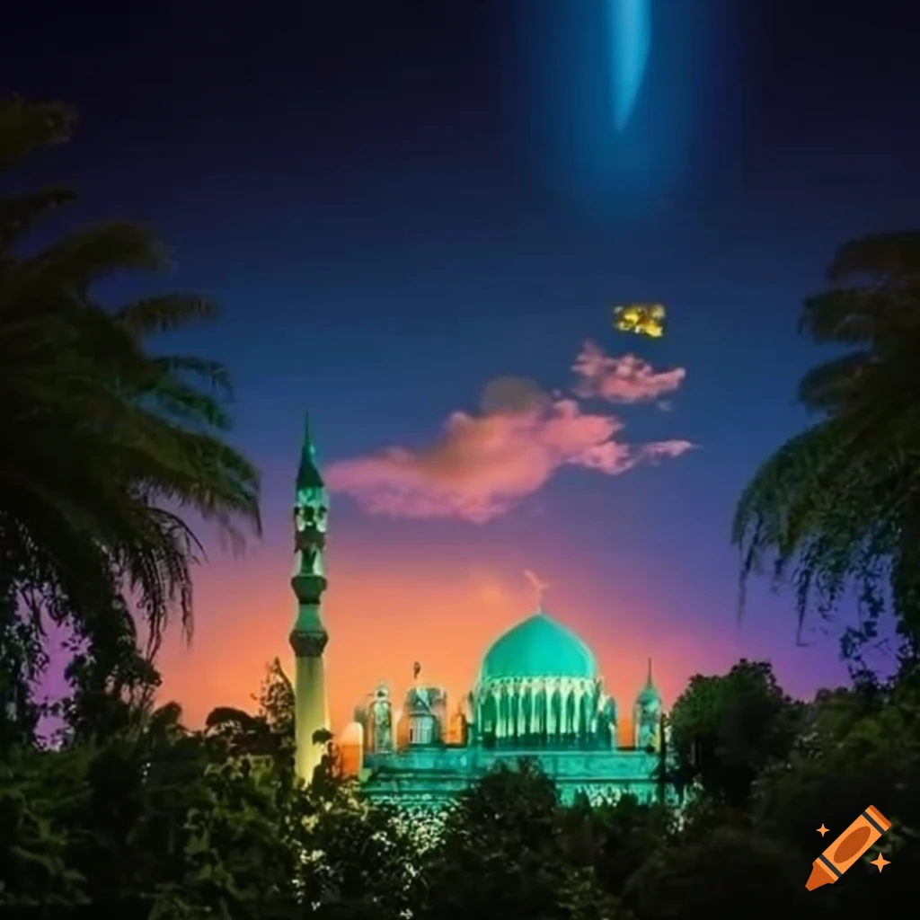 A beautifully lit mosque surrounded by lush greenery, celebrating eid ...