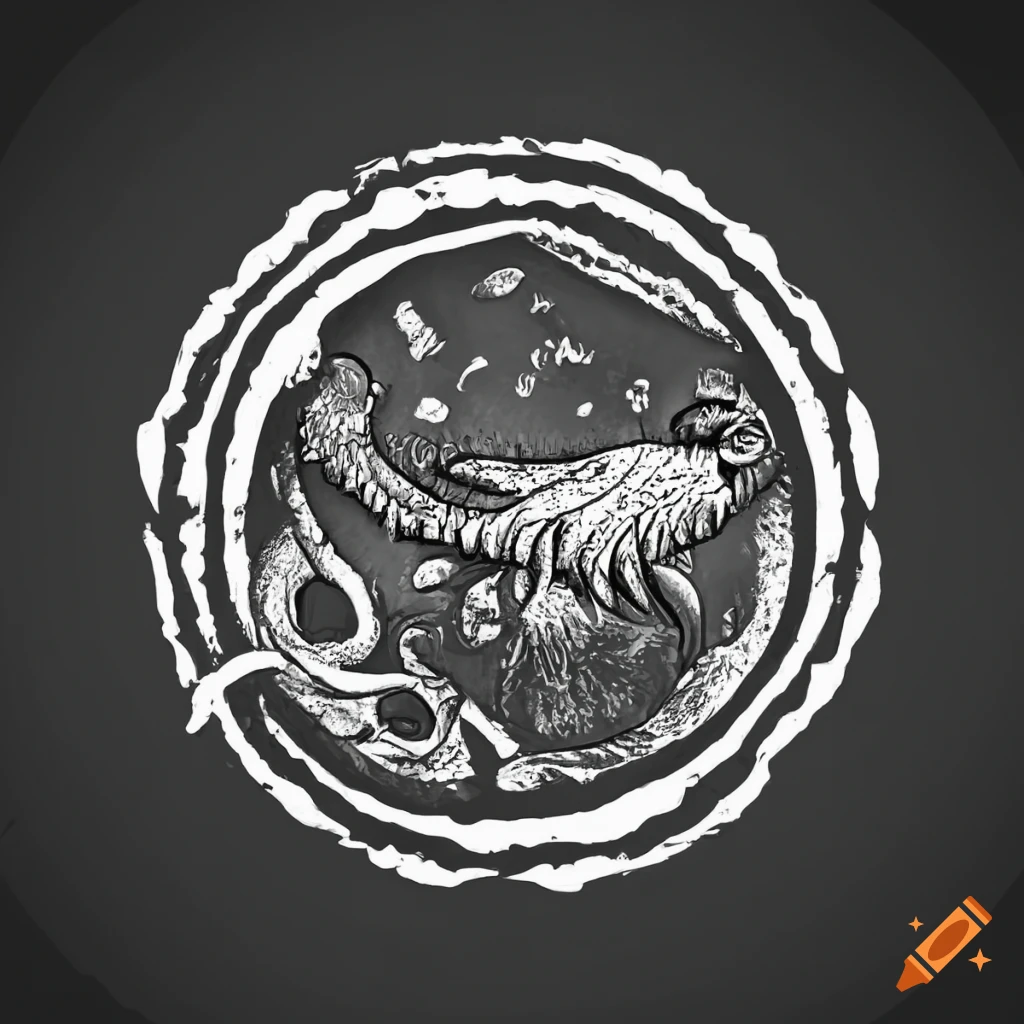 Create a circular mordheim logo with a battle between a fish and a crow ...