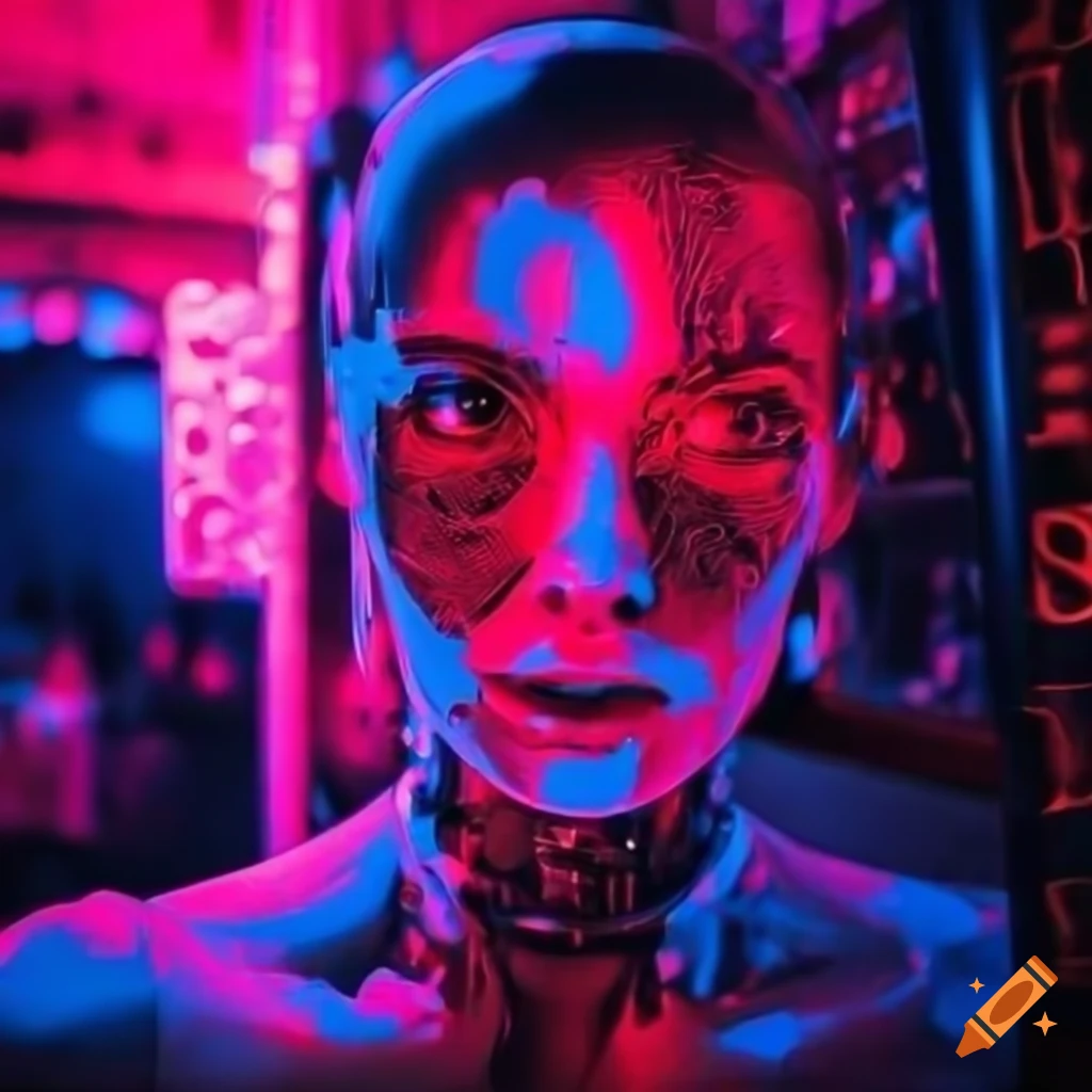 Artistic photograph of a futuristic cyborg at a neon-lit bar on Craiyon