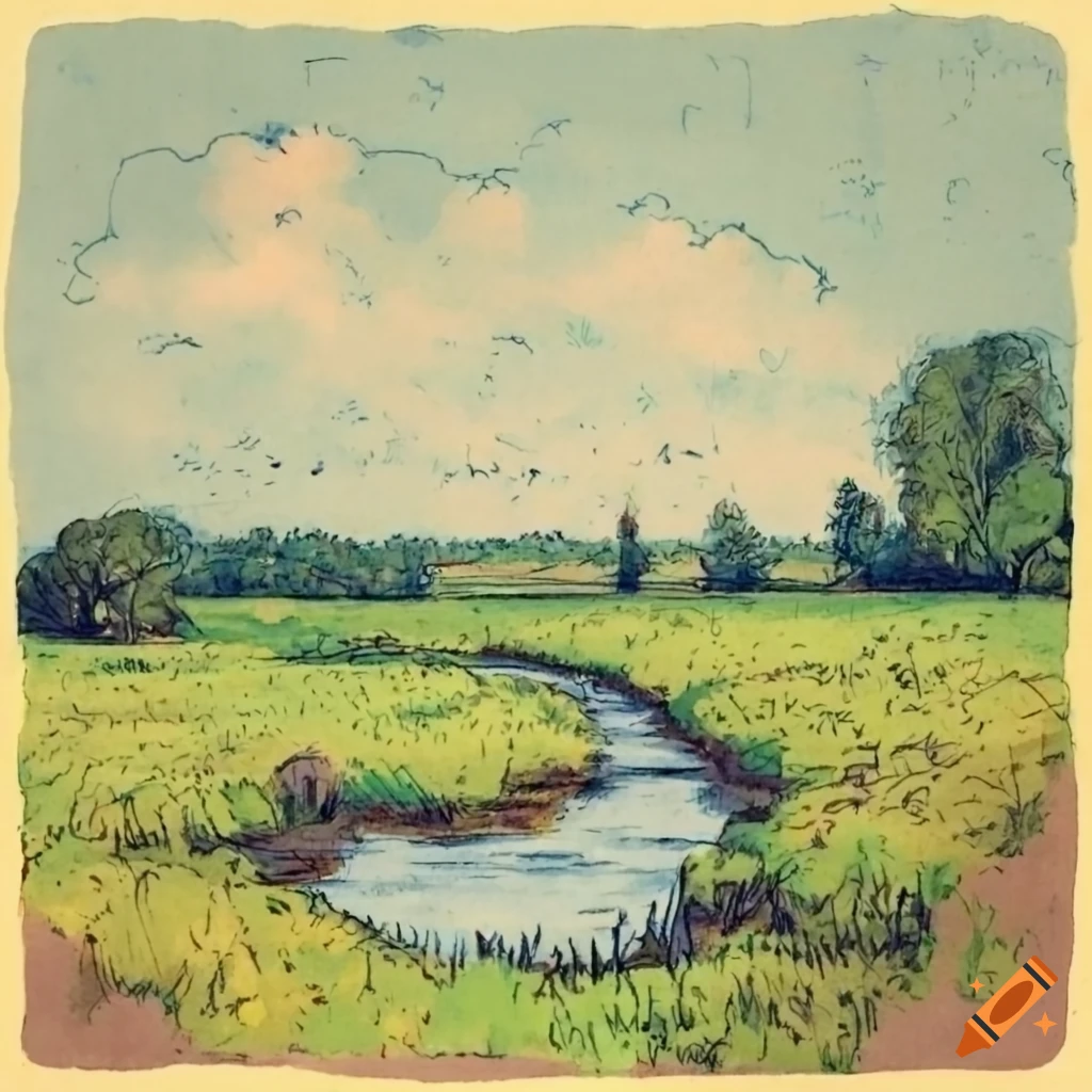 Vintage drawing in colour of a peaceful countryside field with a creek ...