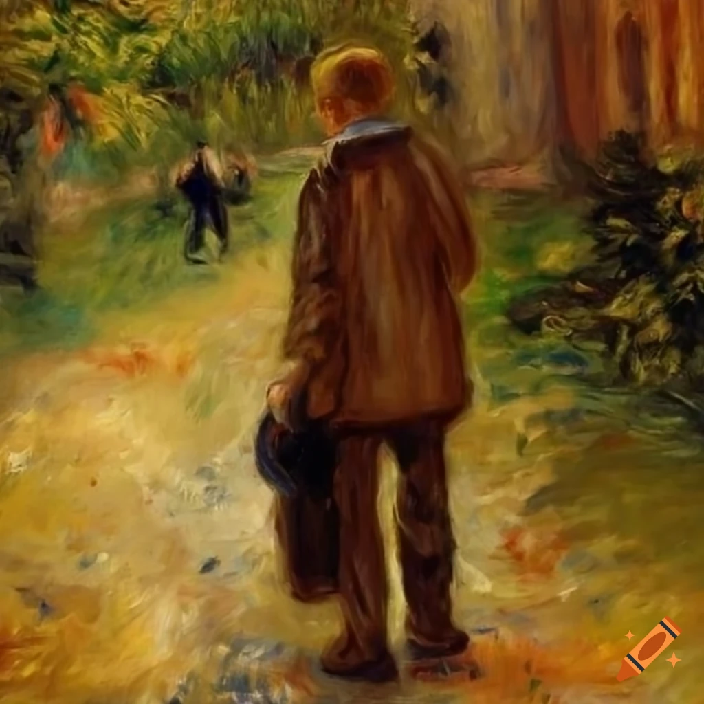 Poor young man walking in renoir style oil painting