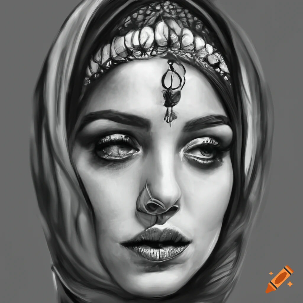 Rostro de mujer árabe en tonos monocromáticos (blancos, negros, grises) al estilo de rostros de ...