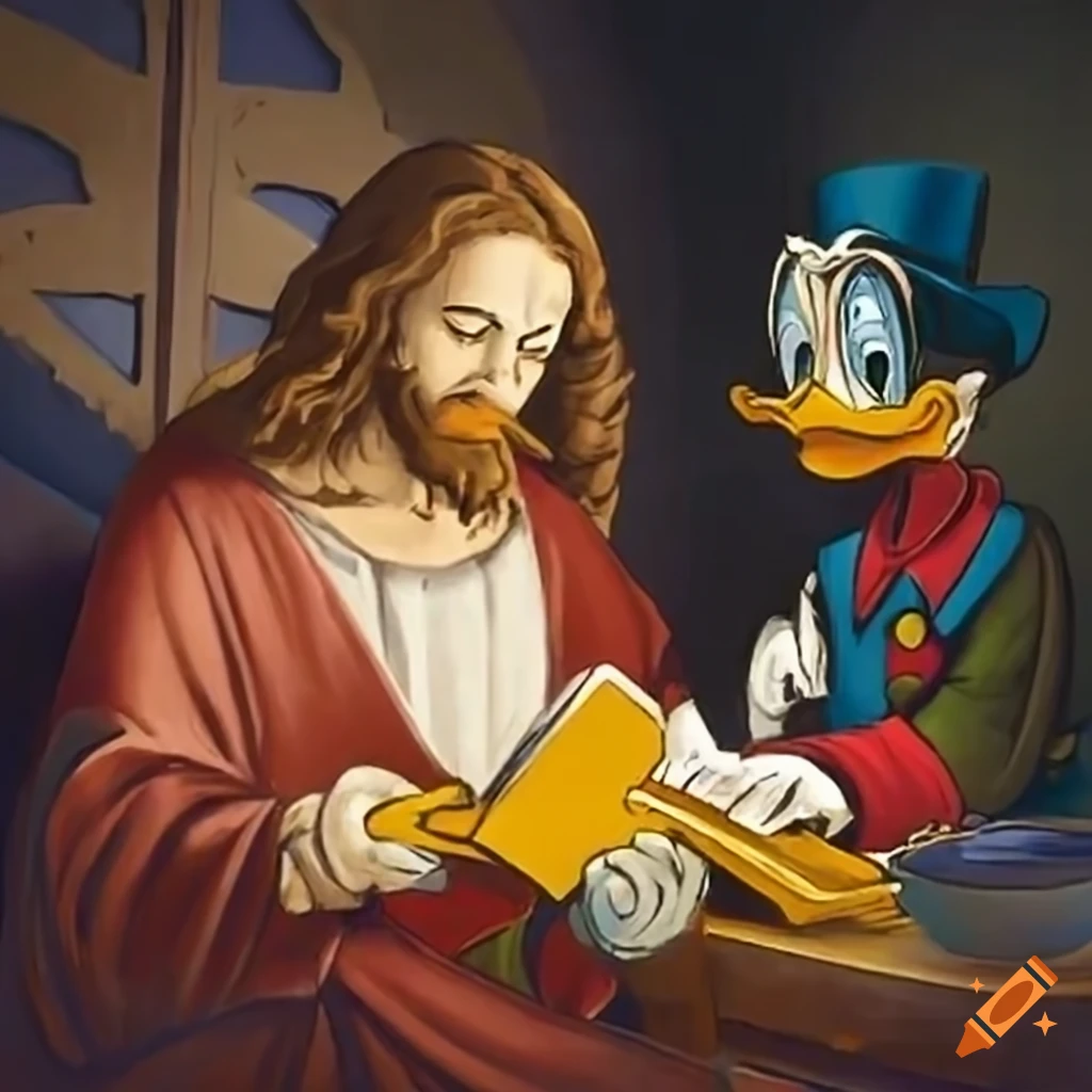 Scrooge mcduck reading a book with jesus next to him on Craiyon