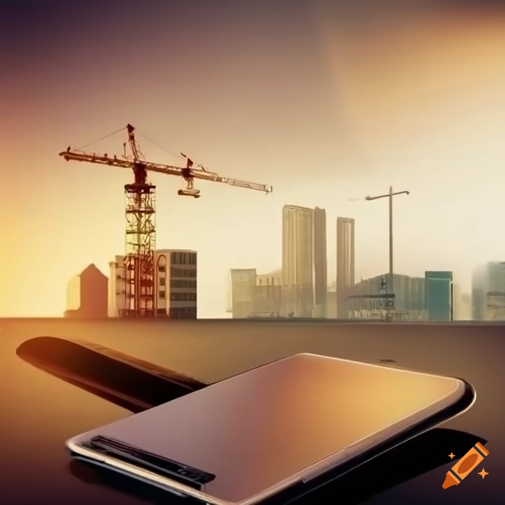 Construction site view with an ipad in the foreground