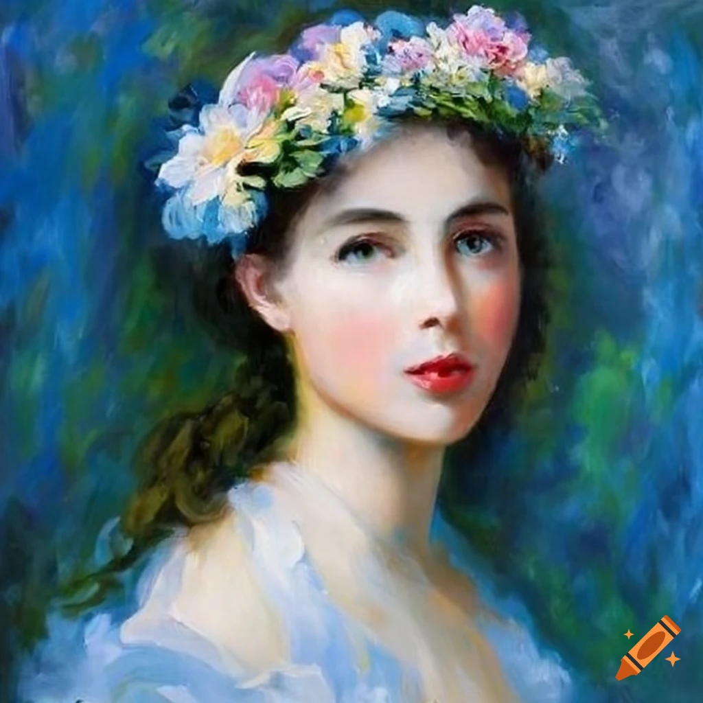 A graceful girl with a flower crown in a Monet painting on Craiyon
