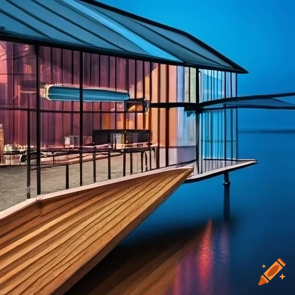 Exterior view of a Riverside Scandinavian cafe made of colored glass ...