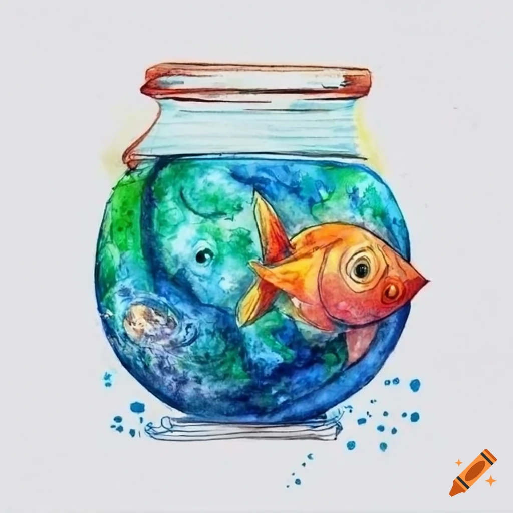 A pencil and watercolor drawing of a fish in a planet earth jar on Craiyon