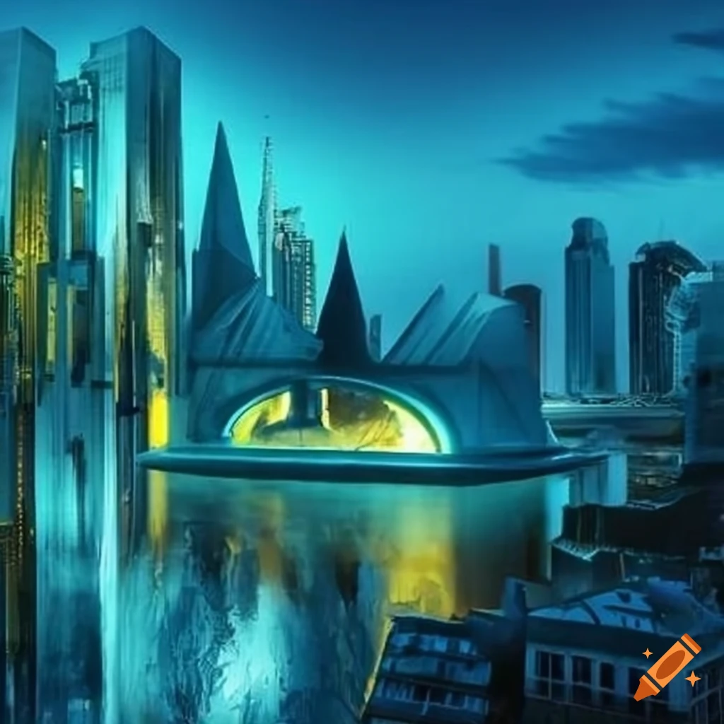 Futurist giant city weird design complex structures yellow strange ...
