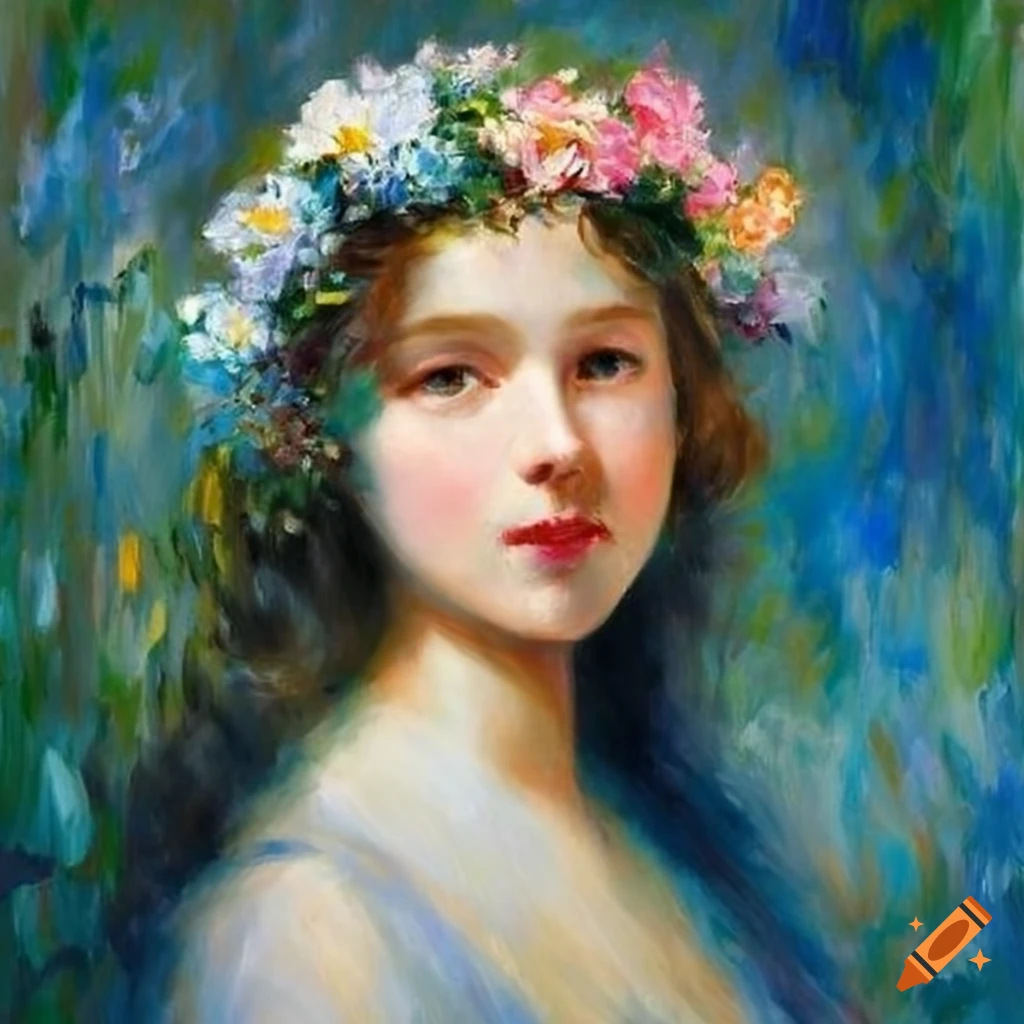 A graceful girl with a flower crown in a Monet painting on Craiyon
