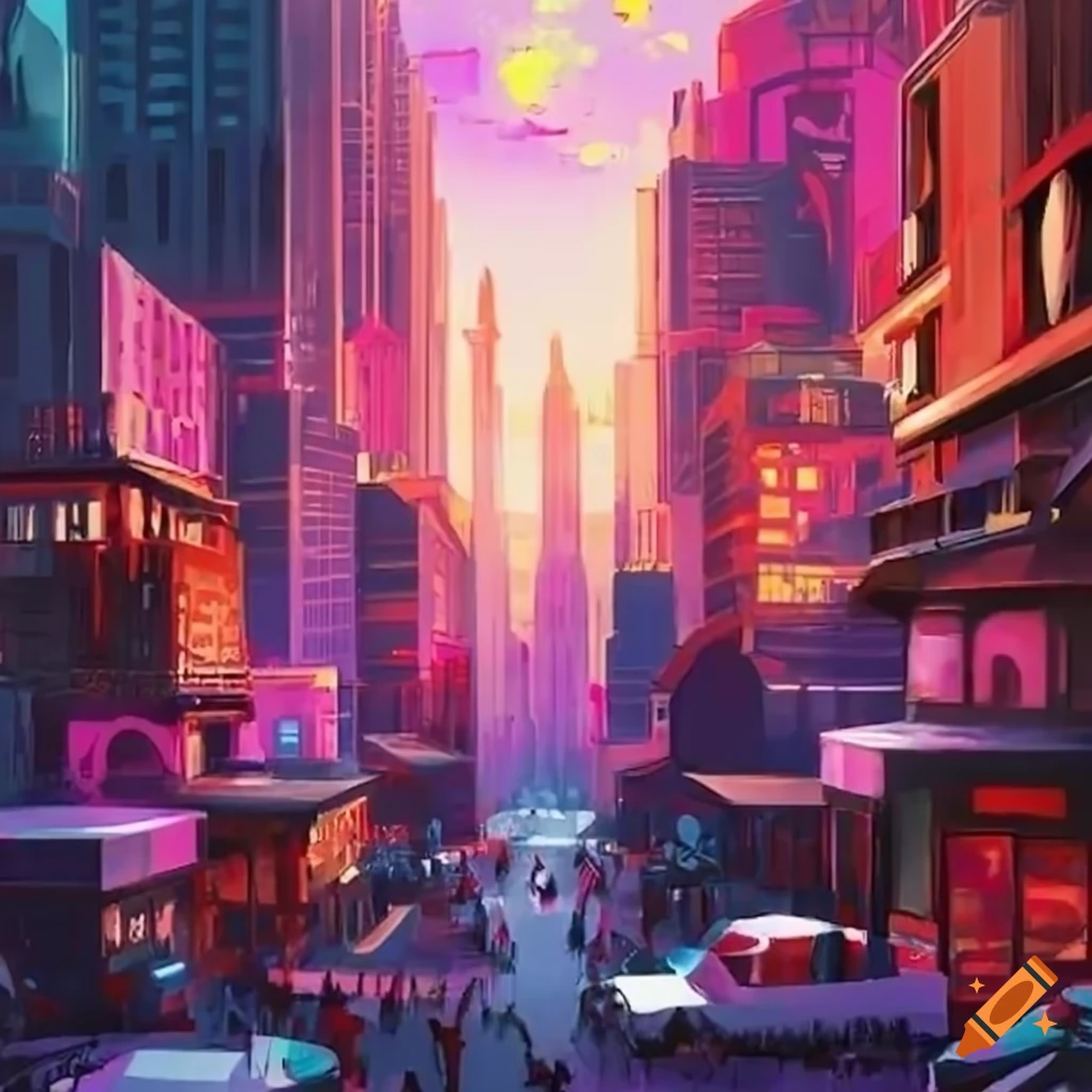 A high quality vibrant cityscape inspired by 'Into the Spider-Verse' on ...