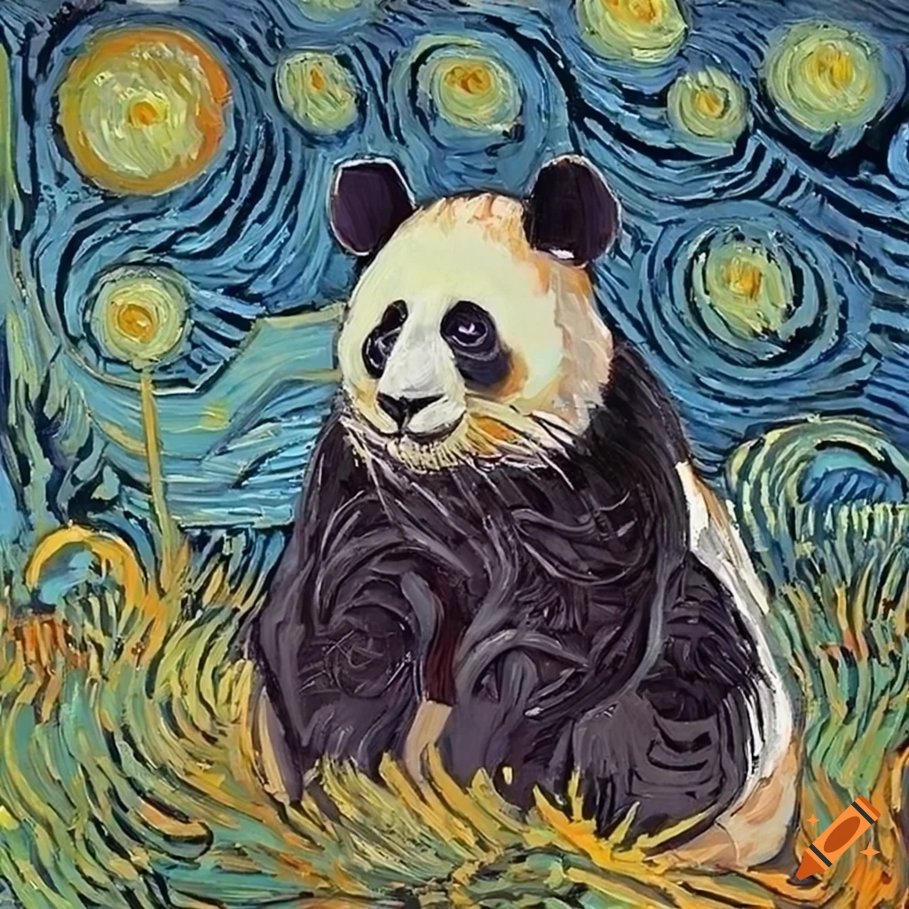 A panda painting a van gogh painting