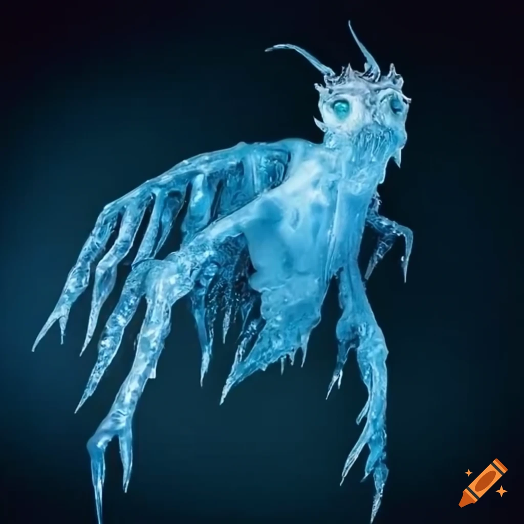 A scary ice beast made of thin transparent icicles. it's the shape of a ...
