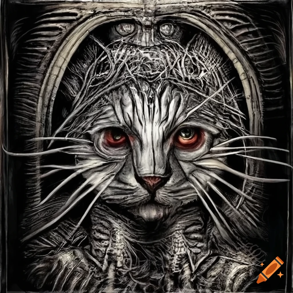 Cat like alien creature in dark surreal style H.R. Giger on Craiyon
