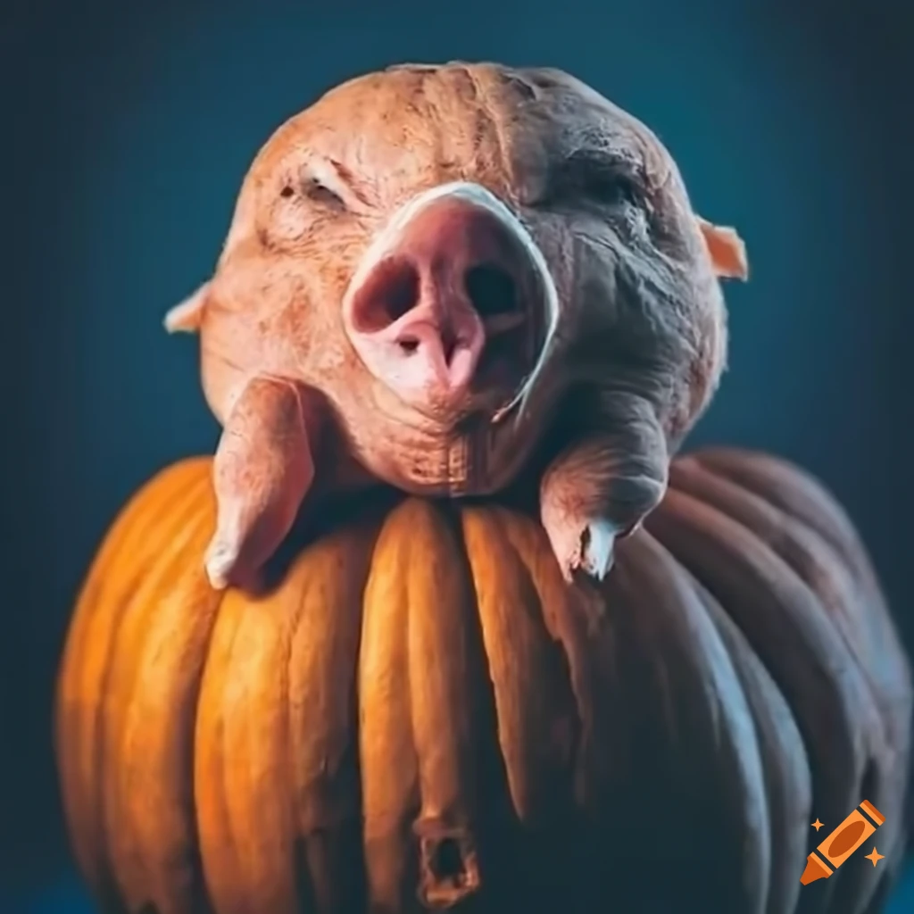 Happy old man riding pumpkin pig