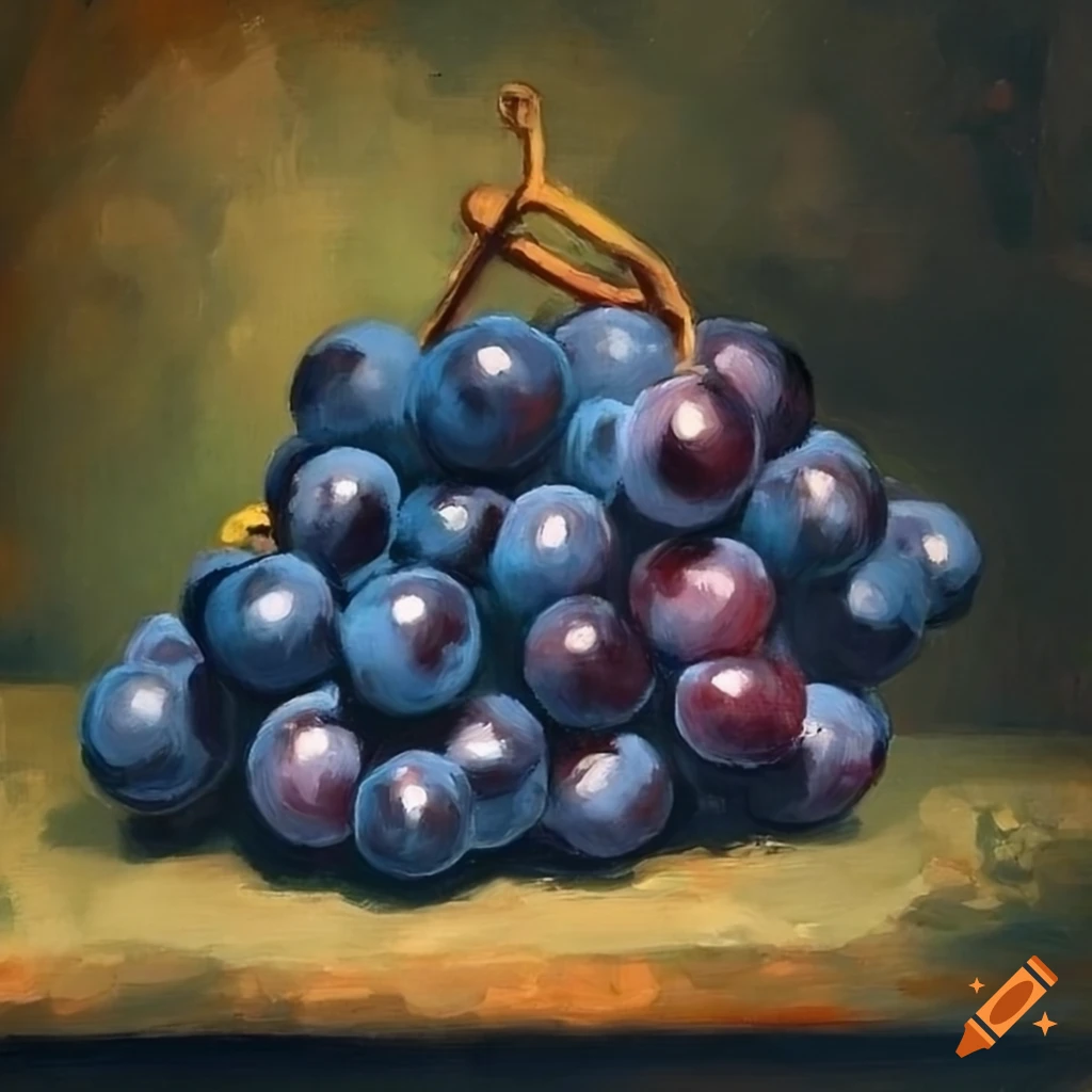 Still life painting of very detailed grapes in a soft vintage style