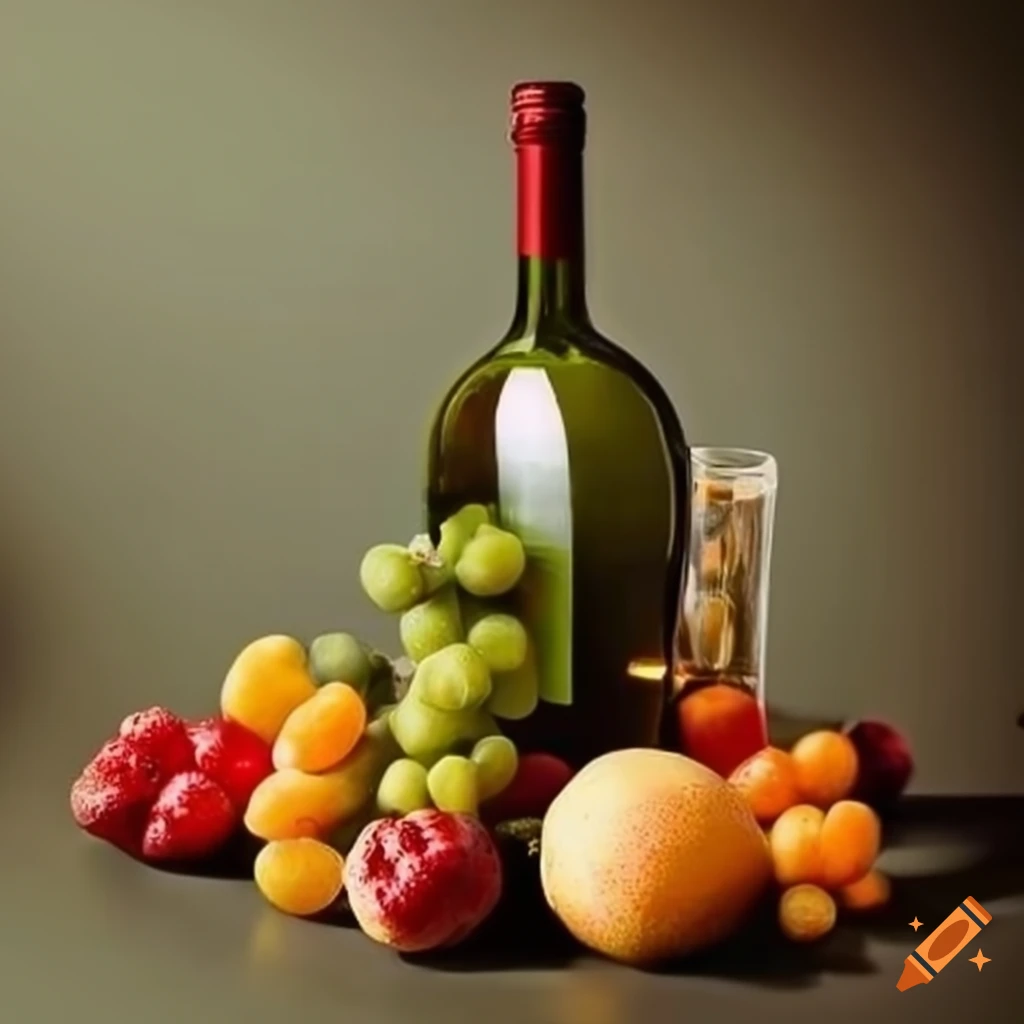 Un bodegón con botella de vino y frutas on Craiyon