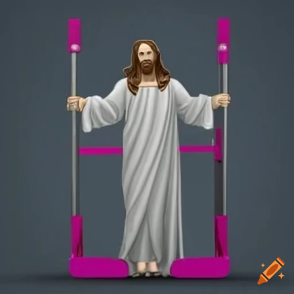 Jesus standing on pink forklift forks