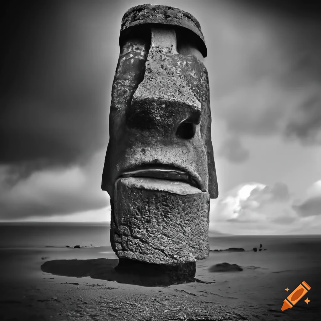A Moai from Easter island with cigar in mouth in black and white 1800 ...