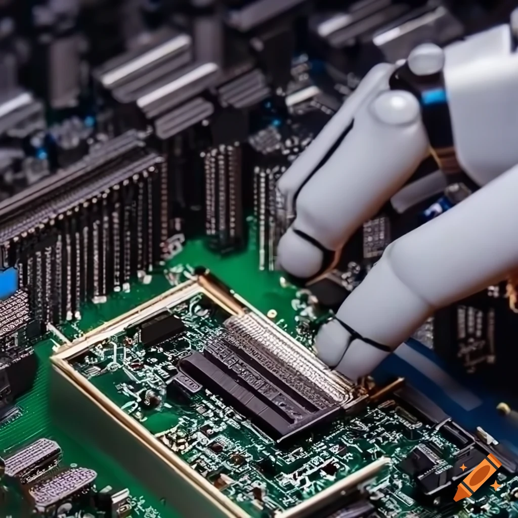 Robot hand touching a motherboard with miniature towers of light coming ...