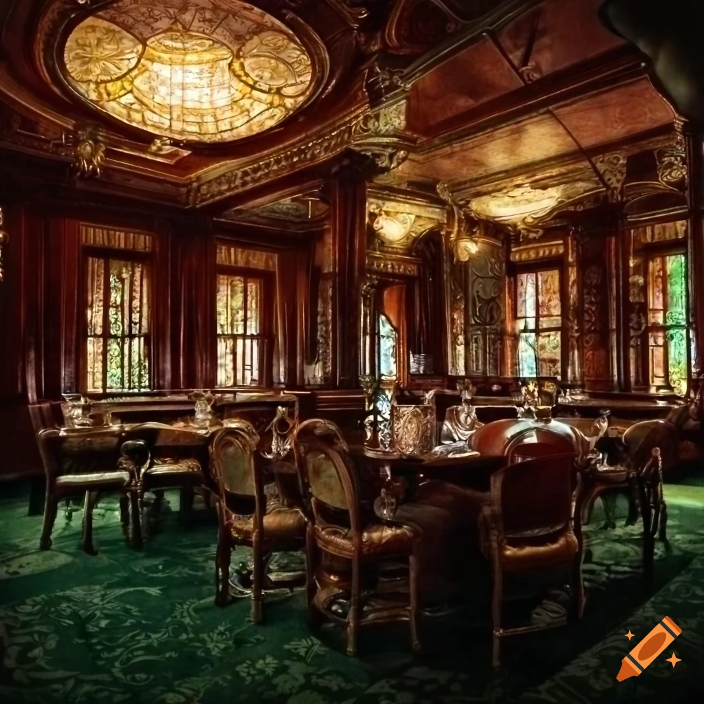 2nd class Victorian restaurant dining room on steam ship. Jade green ...