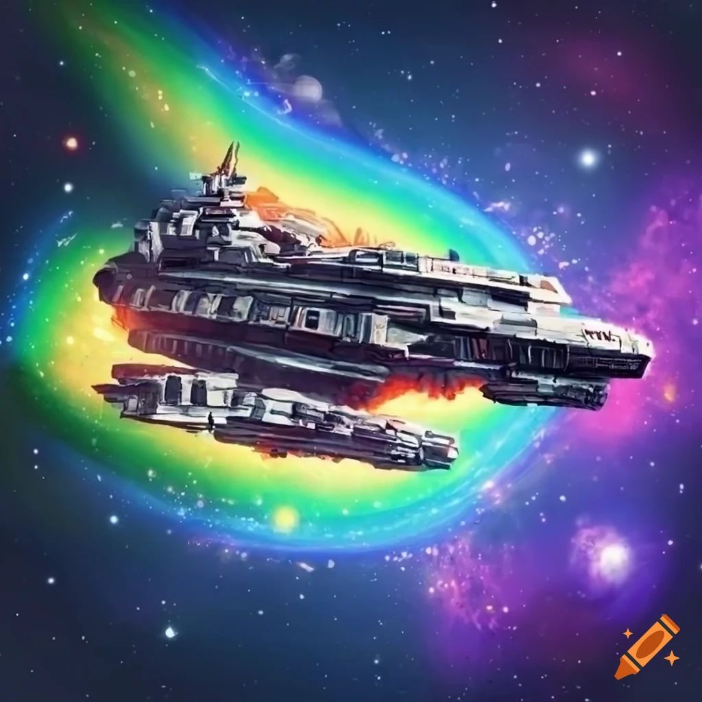 Space battleship convoy with outer space rainbow galaxy background